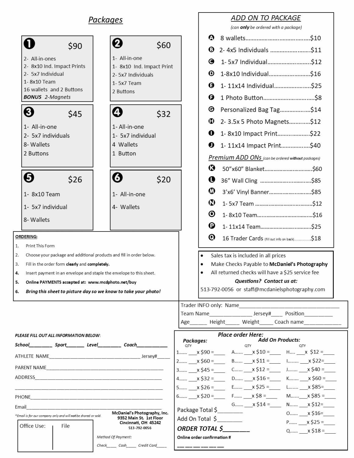 Sports Team Order Form - McDaniel's Photography